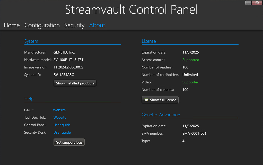 Page À propos du SV Control Panel